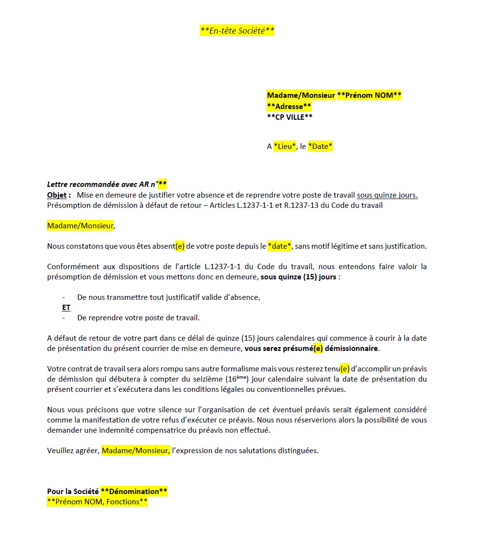 Présomption de démission : Modèle de courrier de Mise en demeure au ...